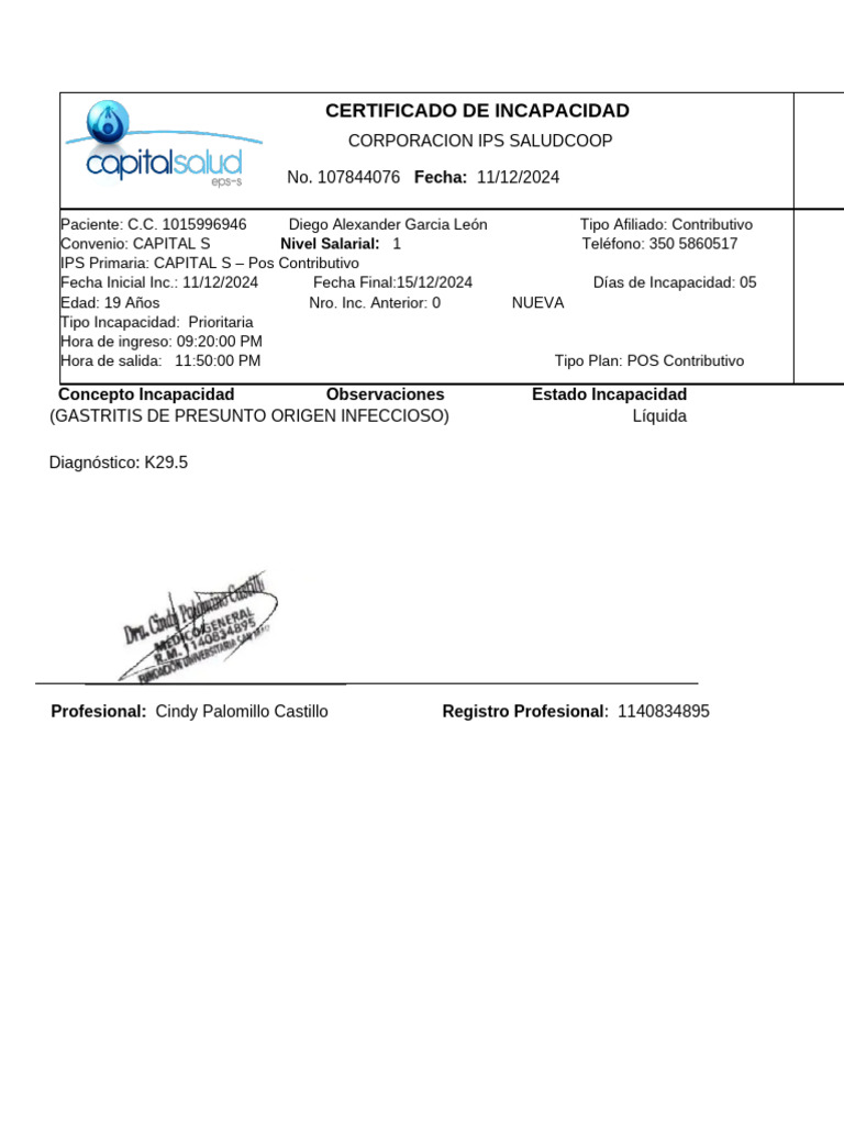 Incapacidad Capital Salud | PDF