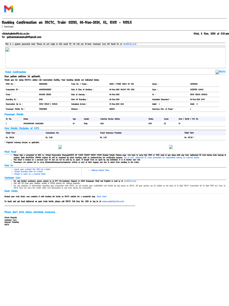 Gmail - Booking Confirmation On IRCTC, Train - 02393, 06-Nov-2024, SL ...