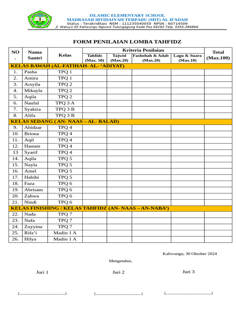 Form Penilaian Lomba MIT Al Ifadah | PDF