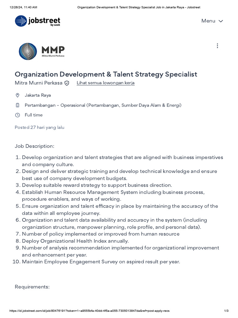 Organization Development & Talent Strategy Specialist Job in Jakarta ...