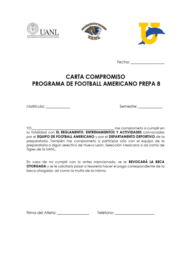 Carta compromiso football prepa 8 | PDF