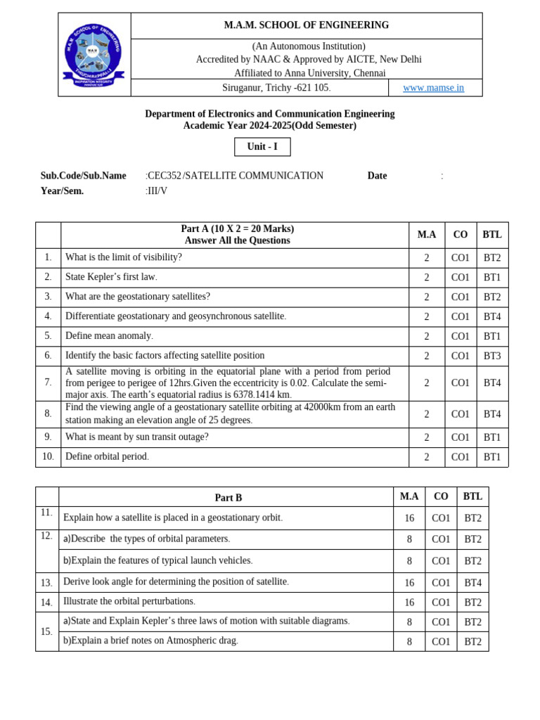 CEC 352: Satellite Communication Exam | PDF | Channel Access Method ...