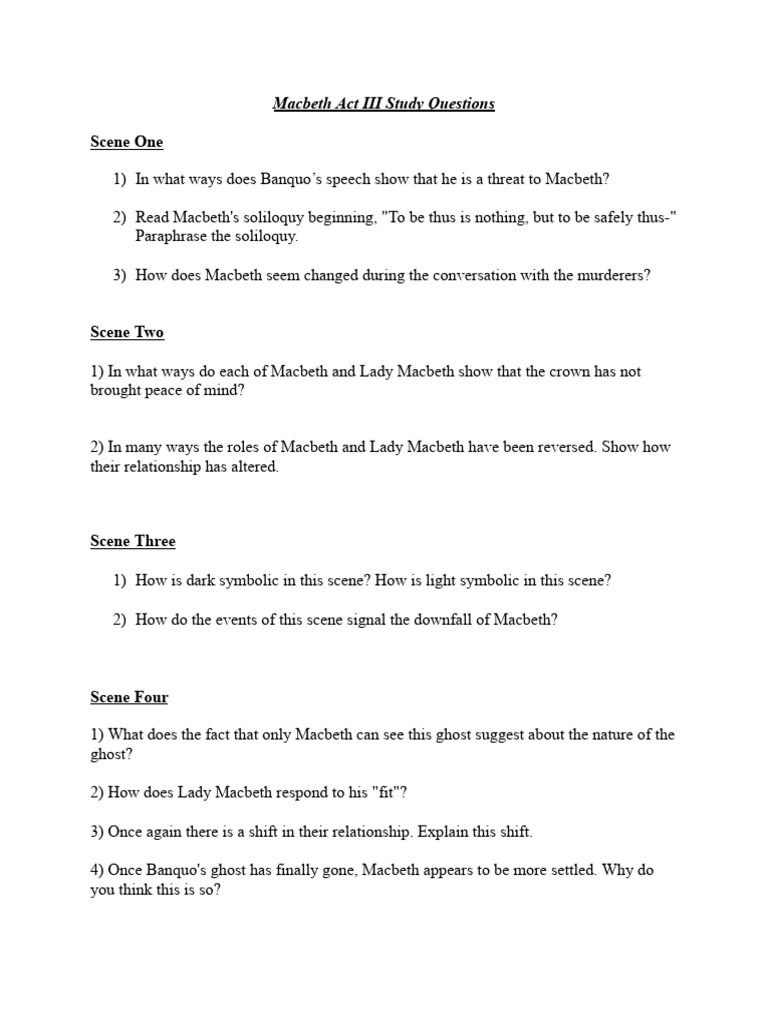 Macbeth Act III Study Questions | PDF