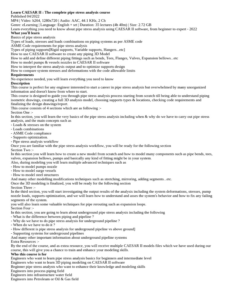 Learn CAESAR II The Complete Pipe Stress Analysis Course | PDF | Pipe ...