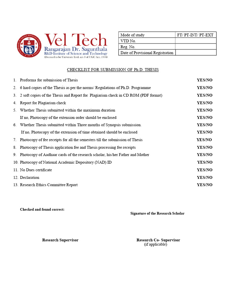 Checklist With Proforma For Submission of Ph.D. Thesis | PDF | Thesis ...