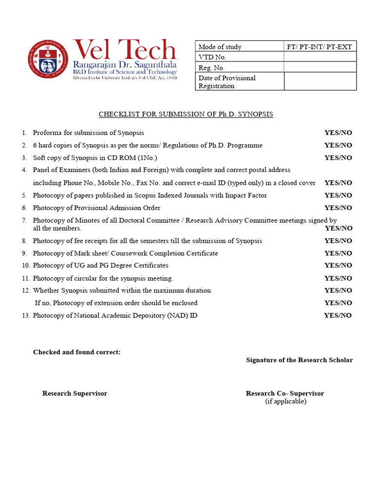 Checklist With Proforma For Submission of Ph.D. Synopsis. | PDF