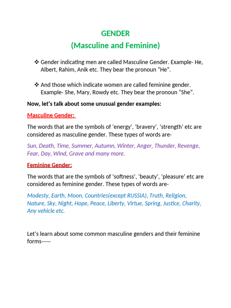 Gender Examples and Pairings | PDF | Grammatical Gender