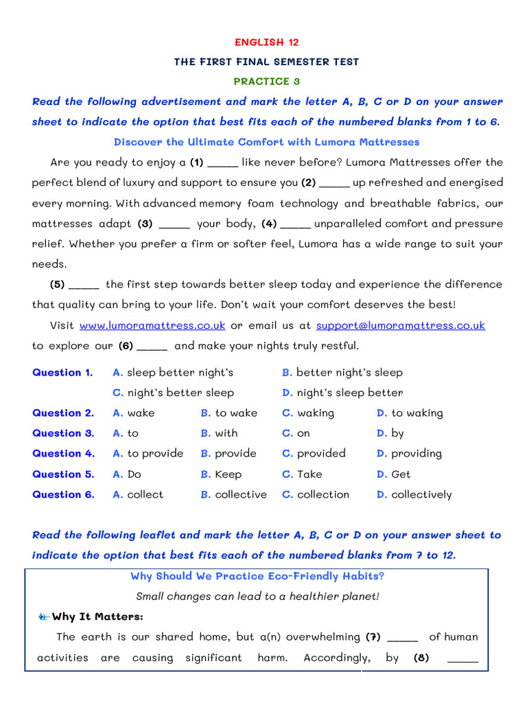 Global Success 12 - Practice For The First Semester Test 3 | PDF