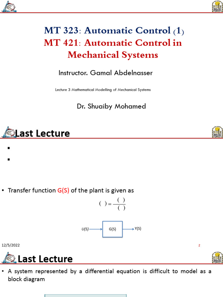 Lec_03_Mathematical Modelling of Mechanical Systems | PDF | Laplace Transform | Classical Mechanics