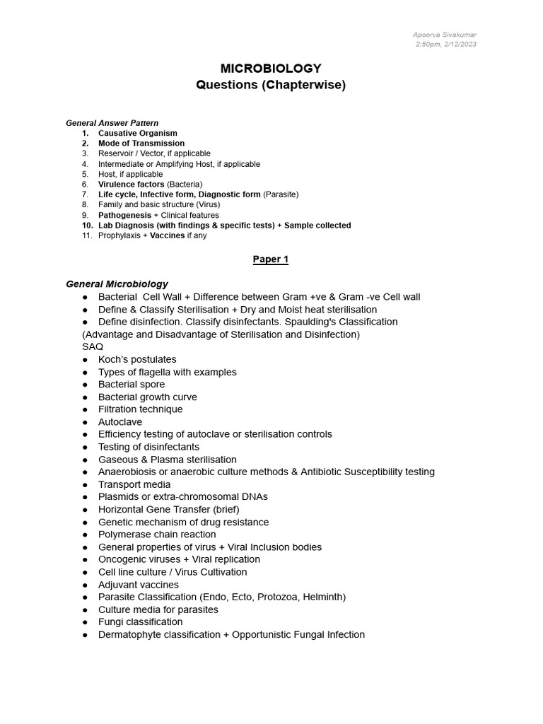 Microbiology Chapter Wise Questions | PDF | Infection | Virus