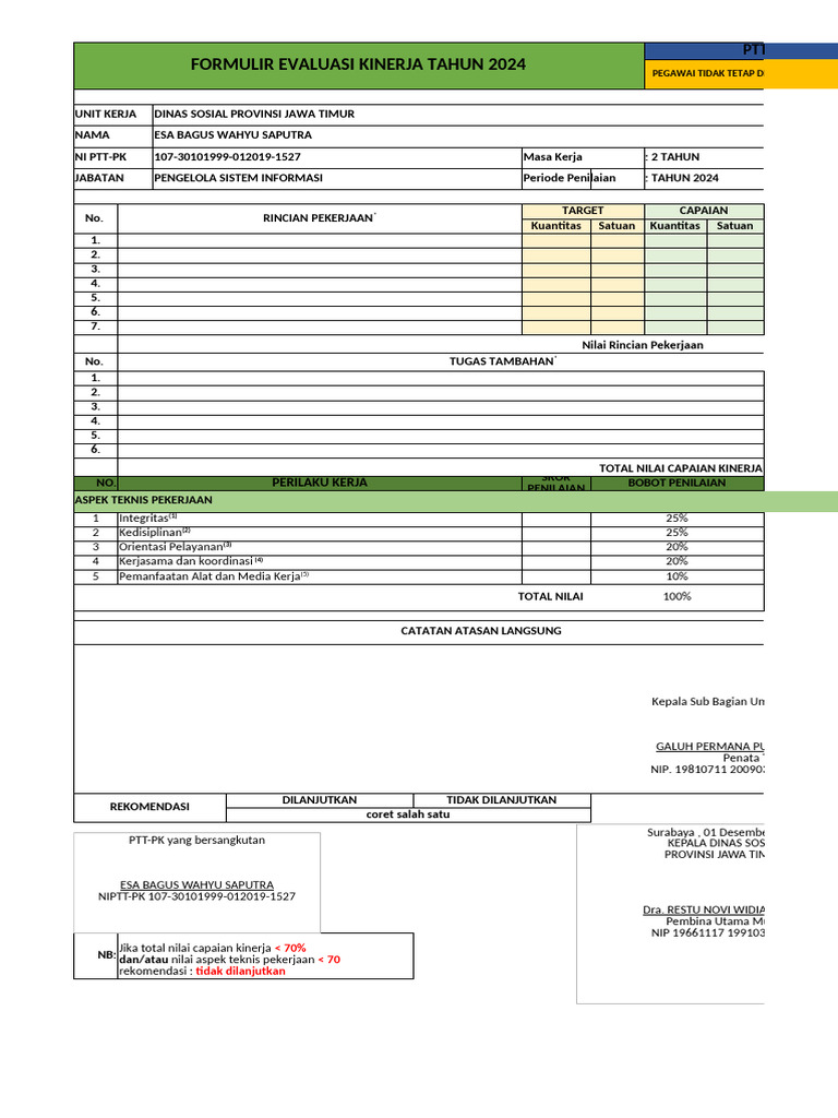 Form Evaluasi Kinerja PTT - PK Dinsos Jatim 2024 | PDF