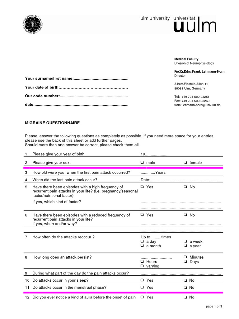 Questionnaire_Migraine | PDF | Pain | Migraine