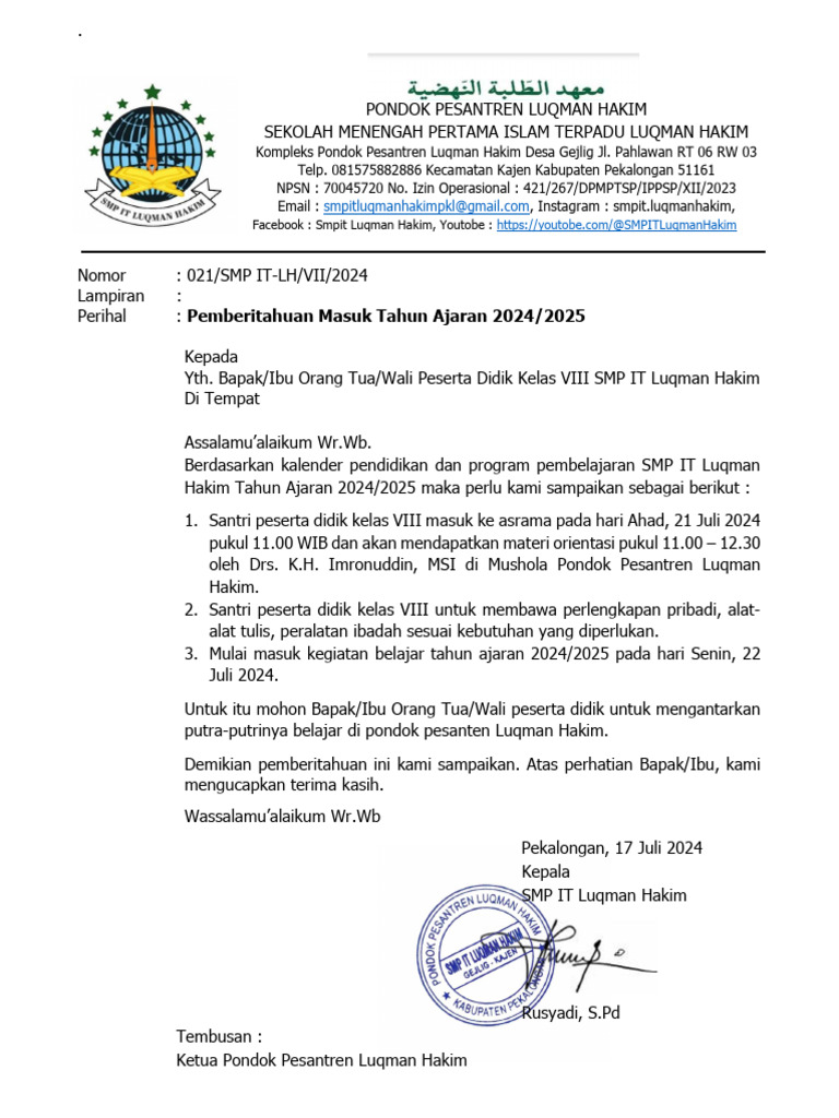 Pemberitahuan Masuk 2024-2025 | PDF