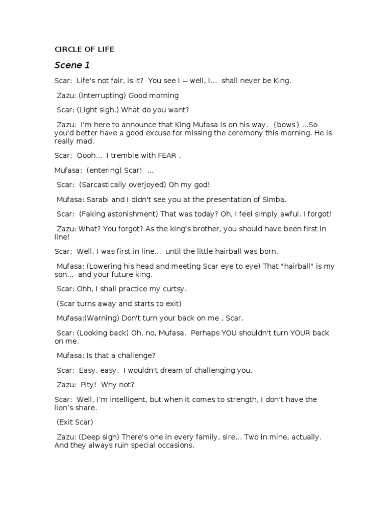 Lion King Script Excerpt | PDF | Leisure | Entertainment (General)