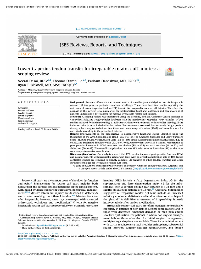 Lower Trapezius Tendon Transfer For Irreparable Rotator Cuff Injuries ...