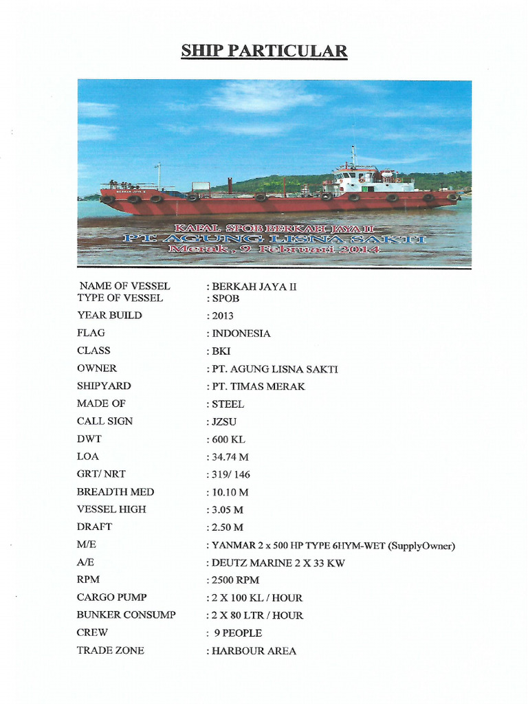 Ship Particular Berkah Jaya II | PDF