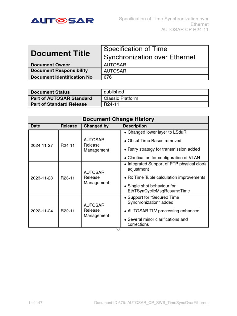 AUTOSAR CP SWS TimeSyncOverEthernet | PDF | Ethernet | Communications ...