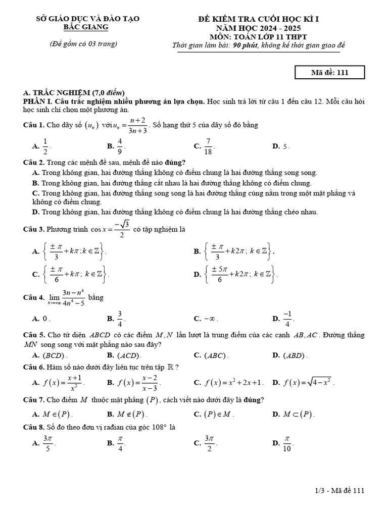 De Kiem Tra Cuoi Hoc Ki 1 Toan 11 Nam 2024 2025 So GDDT Bac Giang | PDF