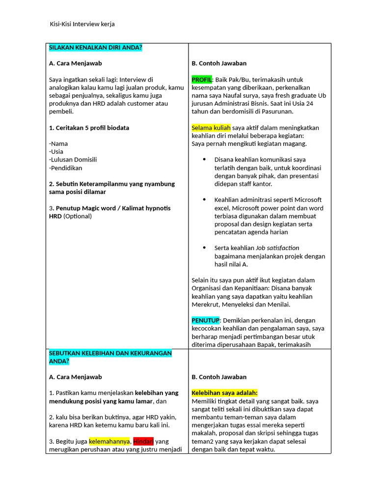 Kisi-Kisi Interview Kerja | PDF