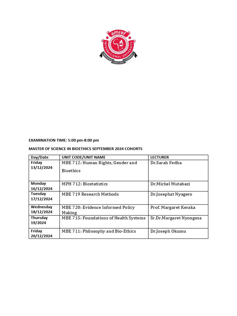 Masters Program Examination Timetable | PDF