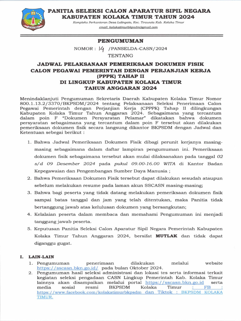 Jadwal Pemeriksaan Dokumen CPPPK Kolaka Timur 2024 | PDF