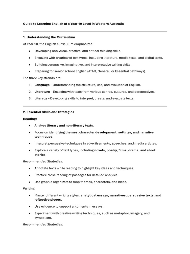 Year 10 English Curriculum Guide WA | PDF | Essays | Narrative