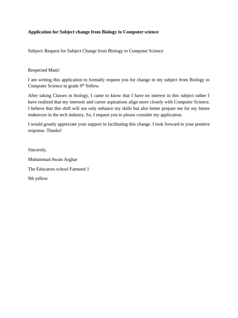 Request to Change Subject to Computer Science | PDF