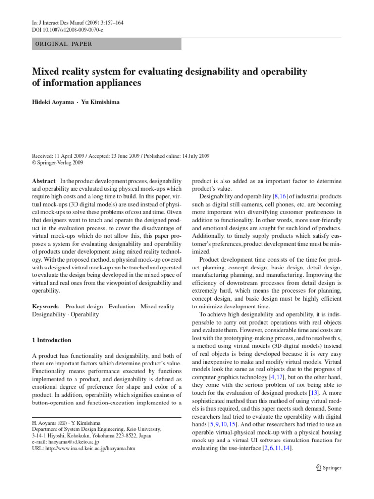 Mixed Reality System For Evaluating Designability and Operability of Information Appliances ...