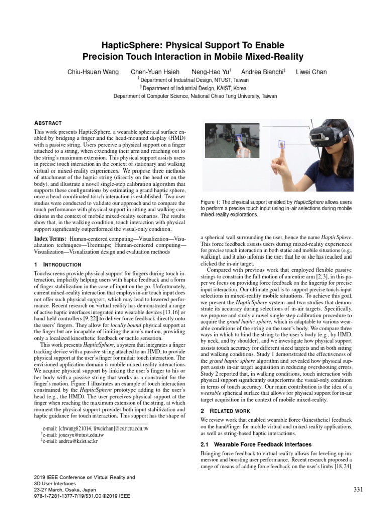 HapticSphere Physical Support To Enable Precision Touch Interaction in Mobile Mixed-Reality ...