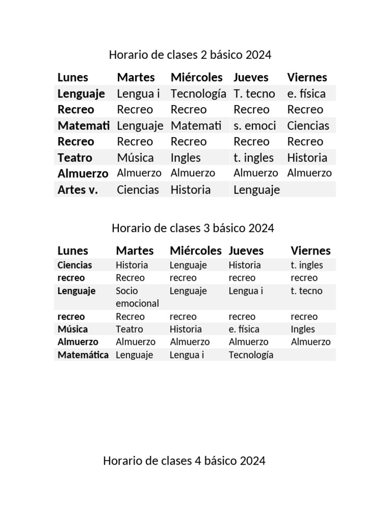 Horario de Clases 2 Basico 2024 | PDF