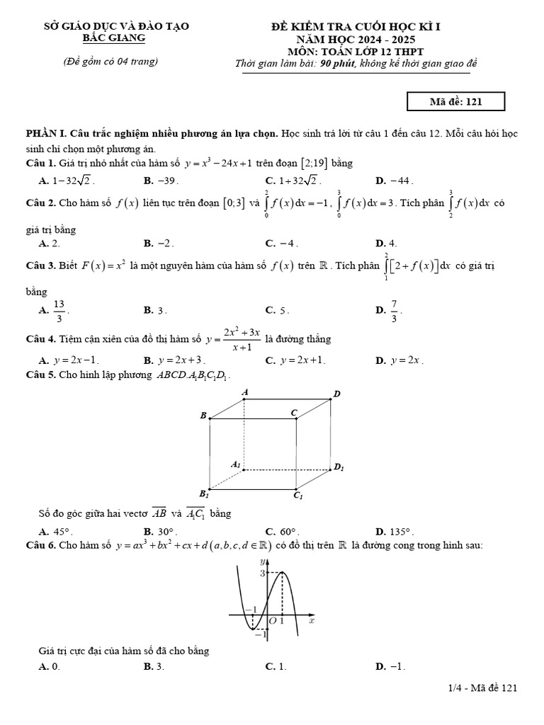 De Kiem Tra Cuoi Hoc Ki 1 Toan 12 Nam 2024 2025 So GDDT Bac Giang | PDF