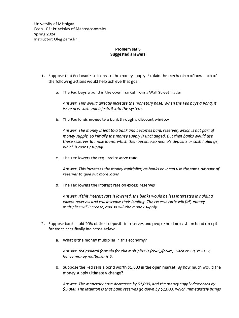 Problemset5 Econ102 Sp2024 Answers | PDF | Inflation | Money Supply