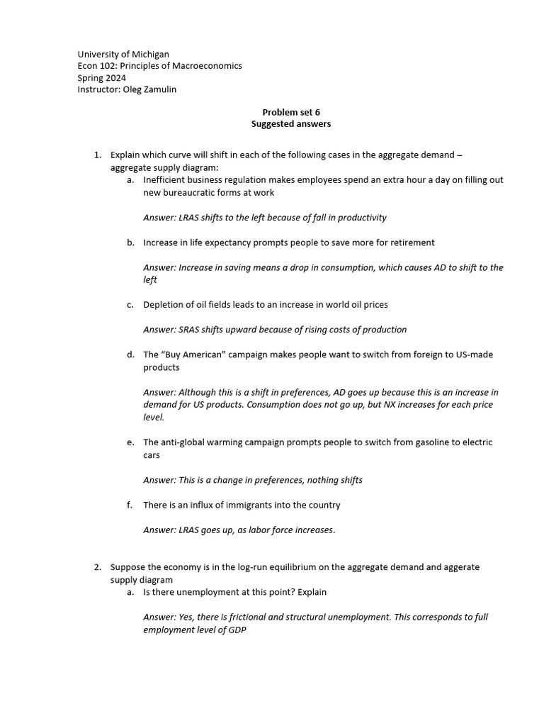 Problemset6 Econ102 Sp2024 Answers | PDF | Inflation | Interest