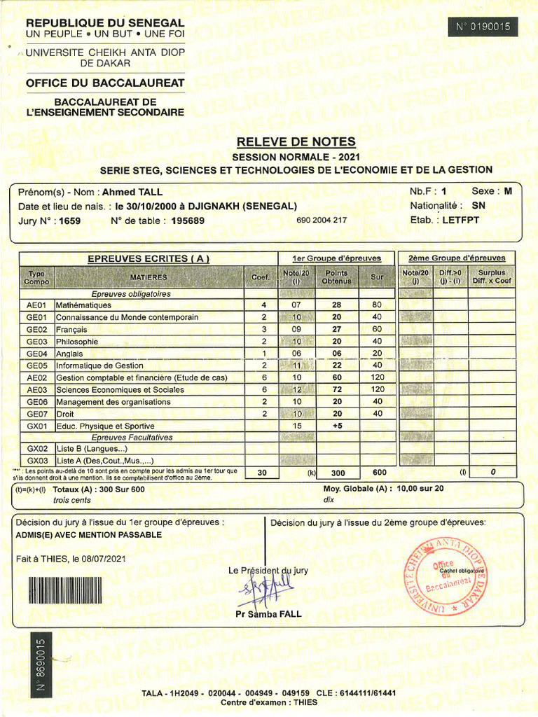 Relevé Bac 2021 | PDF