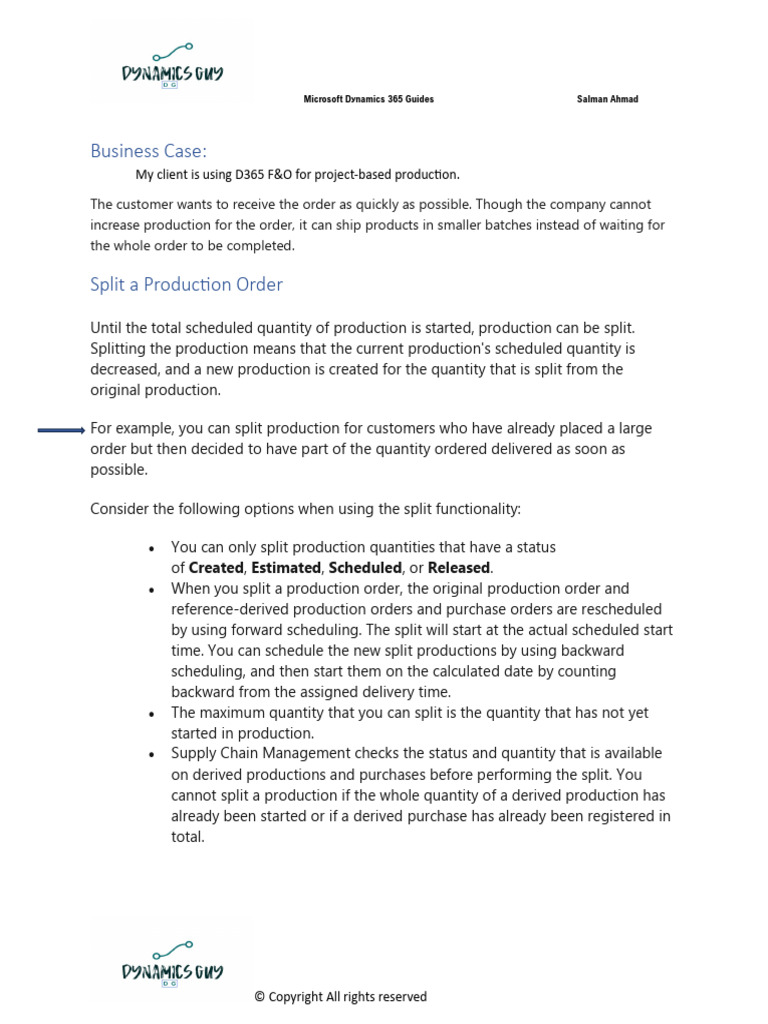 Split Production Orders in D365 F&O | PDF