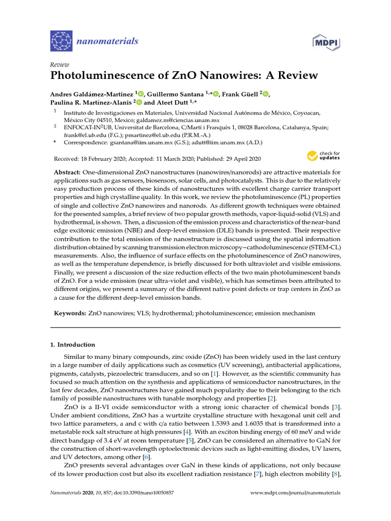 Nanomaterials 10 00857 v2 | PDF | Zinc Oxide | Nanowire