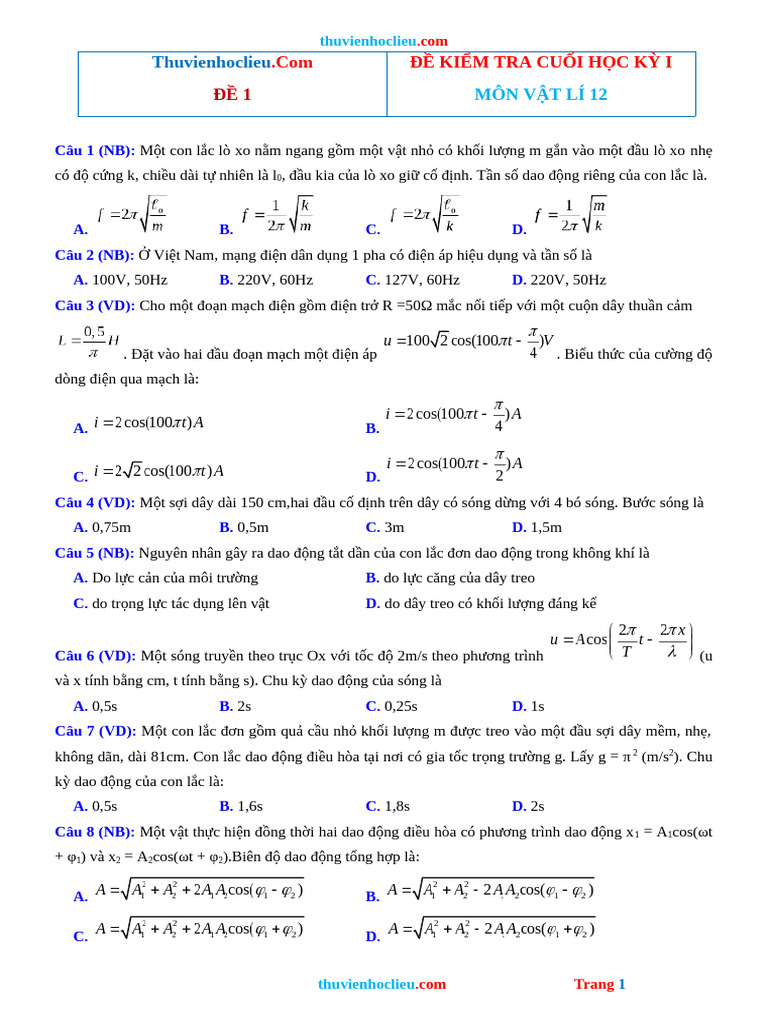 thuvienhoclieu.com-Bo-de-thi-HK-Vat-Li-12-co-dap-an | PDF