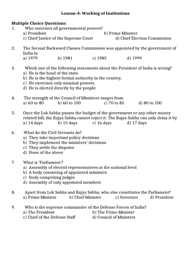 Class 9 MCQs on Working of Institutions | PDF | Government Of India ...
