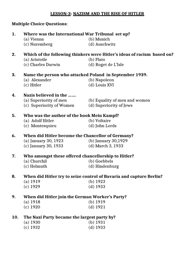 MCQs on Nazism and Hitler's Rise | PDF | Nazi Germany | Adolf Hitler