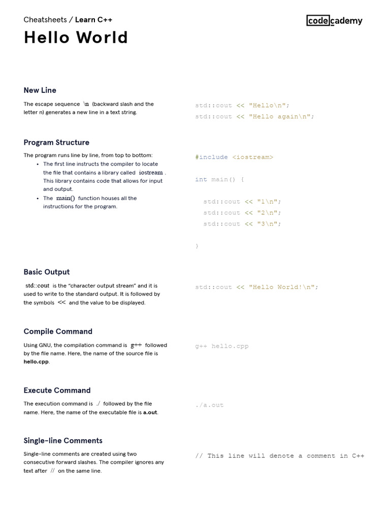 Learn C++_ Hello World Cheatsheet _ Codecademy | PDF