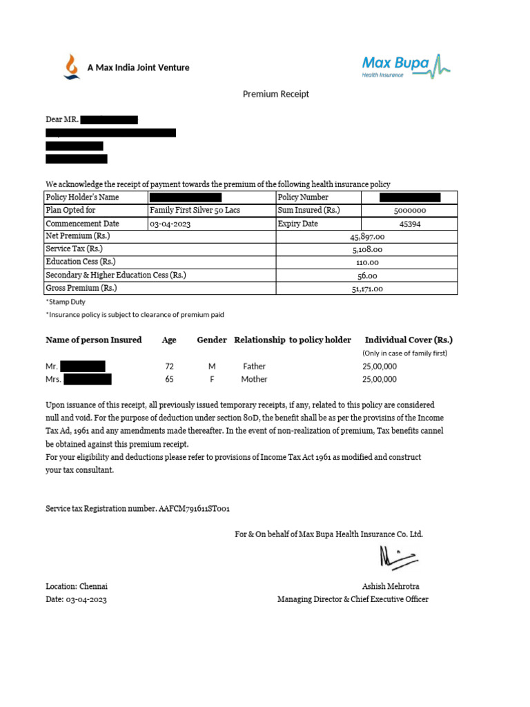 Mediclaim Insurance Receipt | PDF | Taxes | Insurance