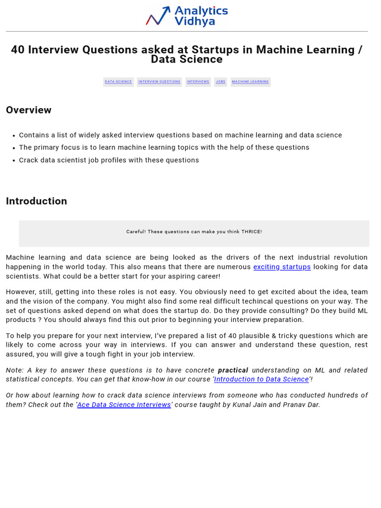 40 Interview Questions Asked at Startups in Machine Learning - Data ...