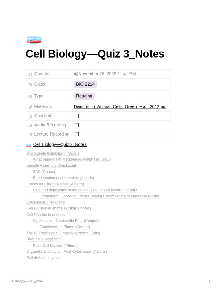 Cell Biology-Quiz 3 - Notes | PDF | Mitosis | Microtubule