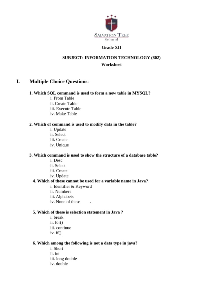 Grade XII IT Worksheet: SQL & Java Concepts | PDF | Table (Database) | Data Management