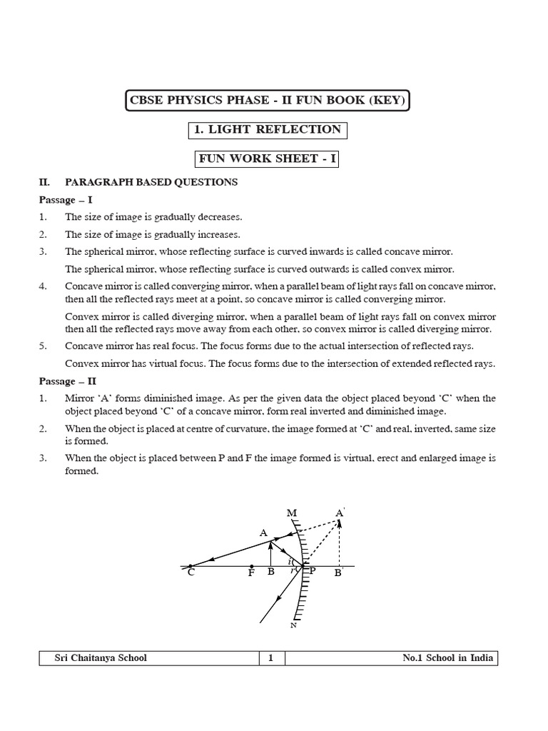 CBSE Physics Phase - II Fun Book Worksheets KEYS | PDF | Mirror | Optics