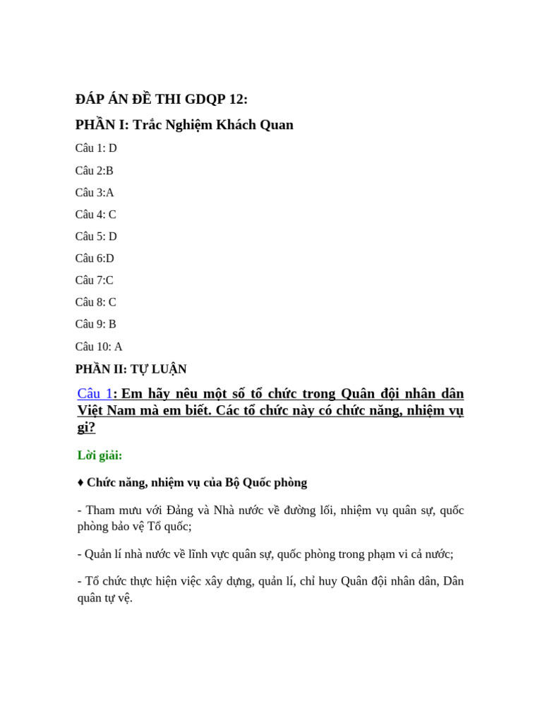 Đáp Án GDQP 12 GK 1 | PDF