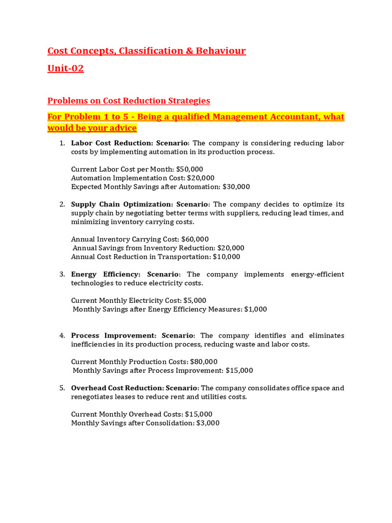 Problems On Cost Reduction Strategies | PDF | Cost Of Goods Sold ...