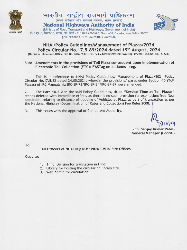 NHAi Circular - Management of Plazas 17.5.89 | PDF