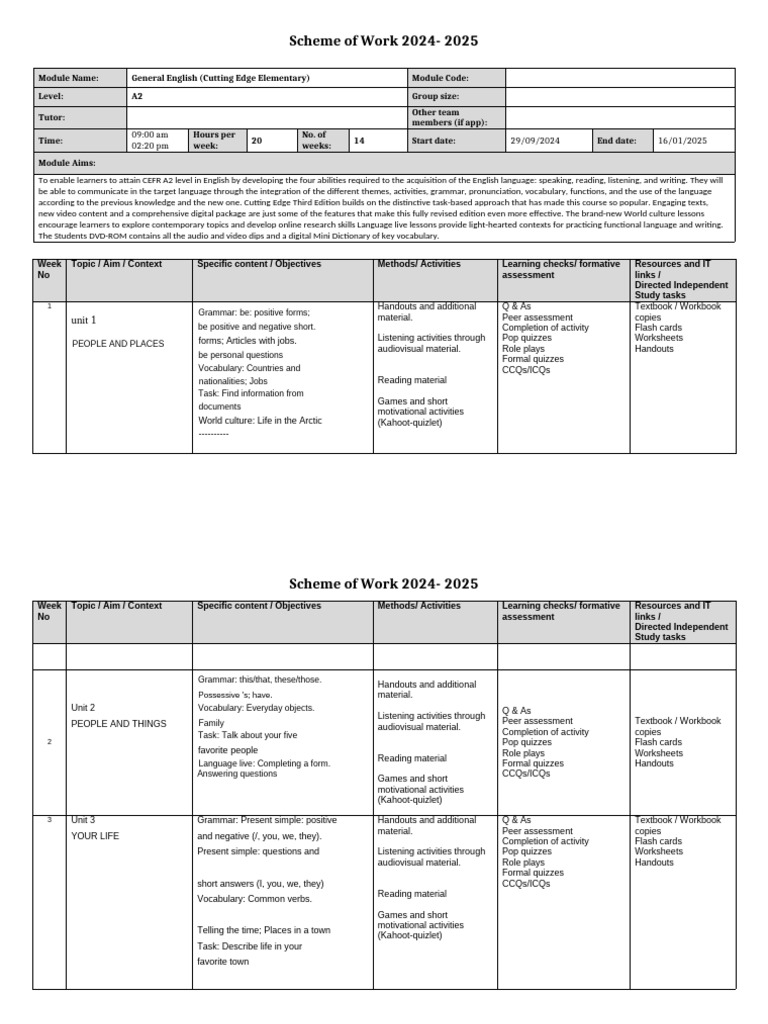A2 General English Scheme of Work 2024 | PDF | Vocabulary | Flashcard