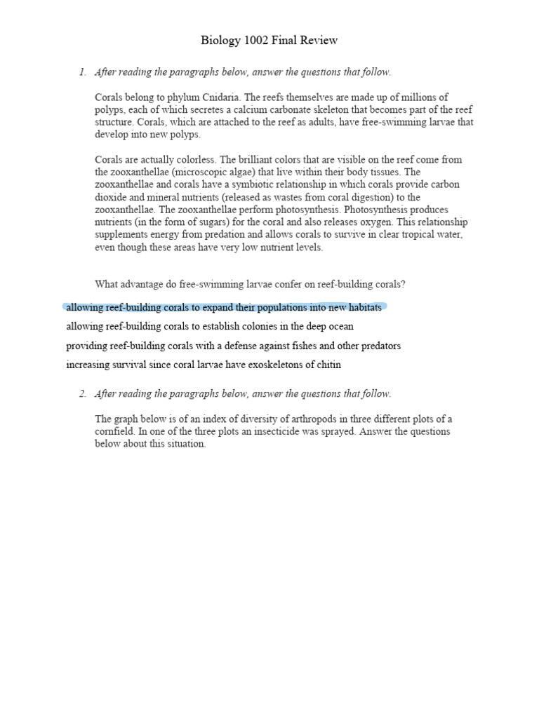 bio 1002 final review | PDF | Epithelium | Coral